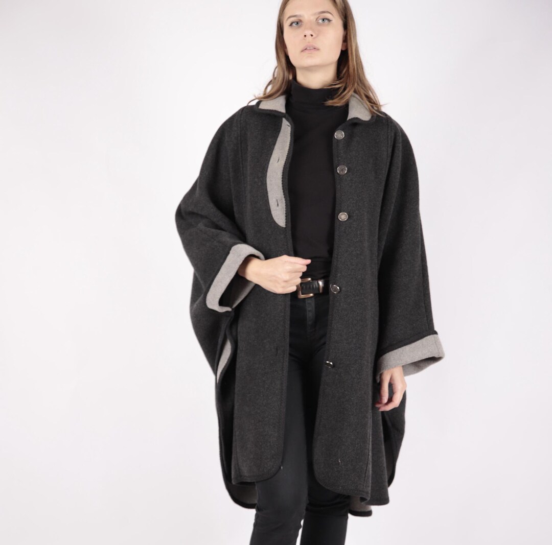 1970s Vintage Gray Poncho Mantle Cape Wool Winter Autumn Overcoat ...