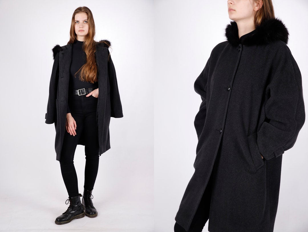 1970s Vintage Dark Grey Wool Fluffy Hooded Greatcoat Overcoat Winter ...
