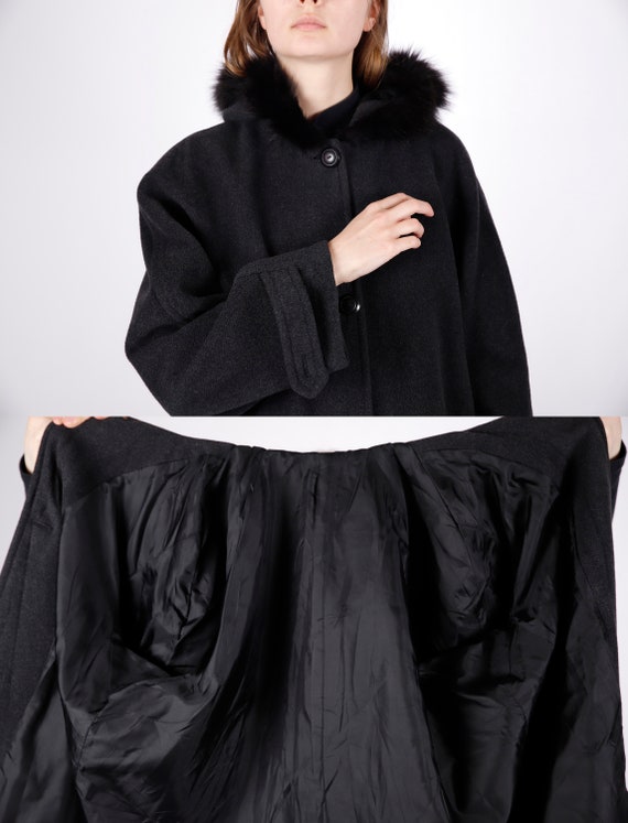 1970s Vintage Dark Grey Wool Fluffy Hooded Greatcoat … - Gem