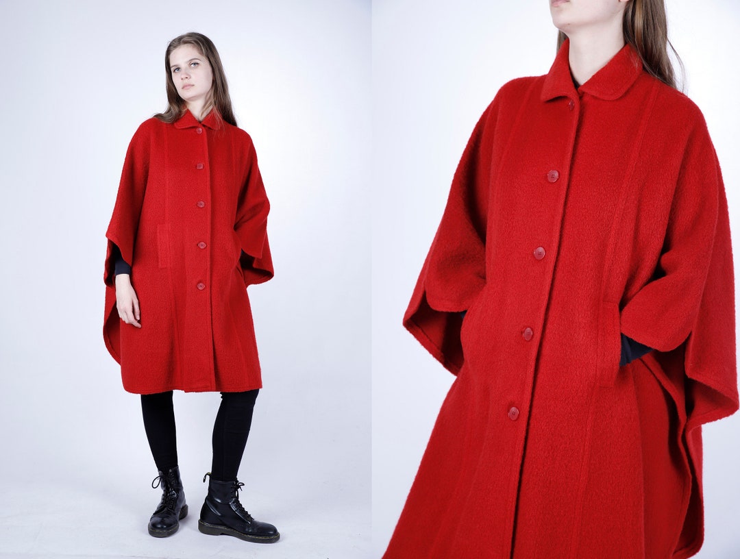 1970s Vintage Red Poncho Wool Winter Cape Autumn Overcoat Mantle ...