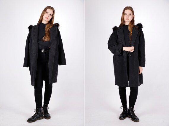 1970s Vintage Dark Grey Wool Fluffy Hooded Greatcoat … - Gem