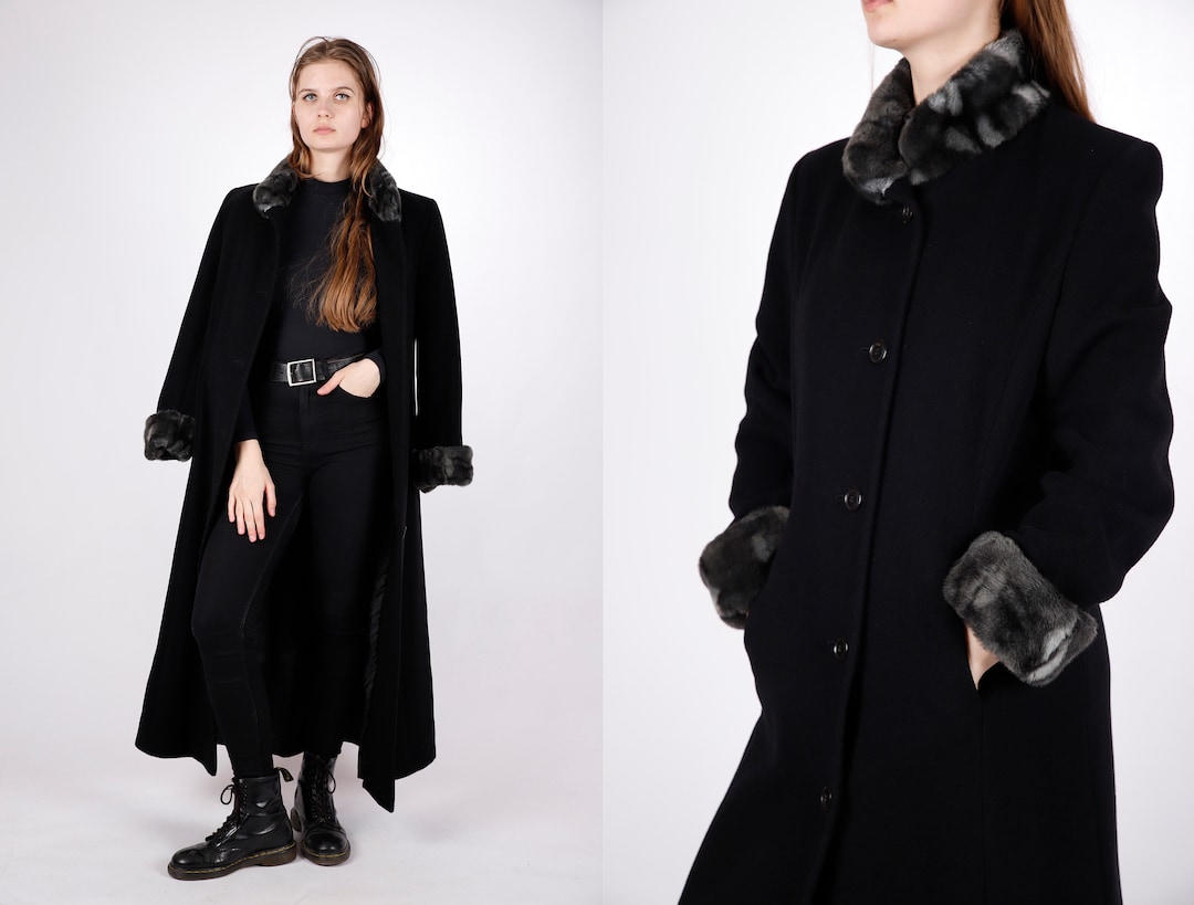 1970s Vintage Black Fluffy Collar and Cuffs Winter Coat Wool Autumn ...