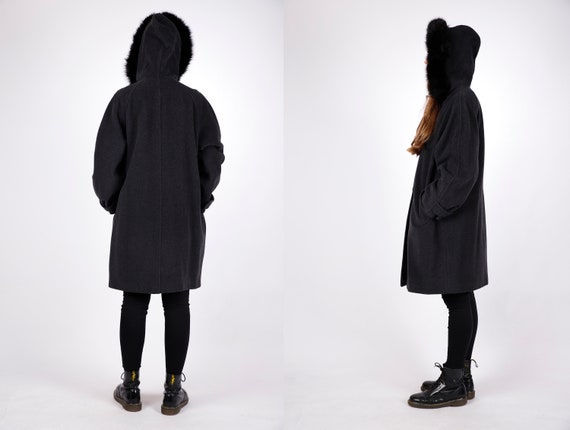 1970s Vintage Dark Grey Wool Fluffy Hooded Greatcoat … - Gem