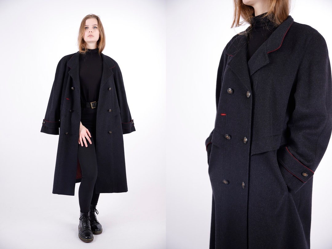 1970s Wool Alpaca Loden Overcoat: Vintage Grey Winter Coat With Red ...