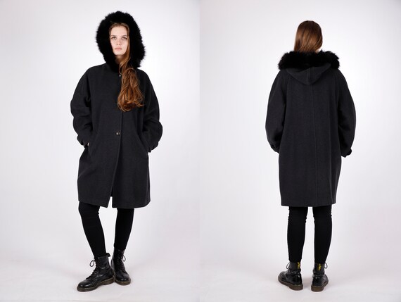 1970s Vintage Dark Grey Wool Fluffy Hooded Greatcoat … - Gem