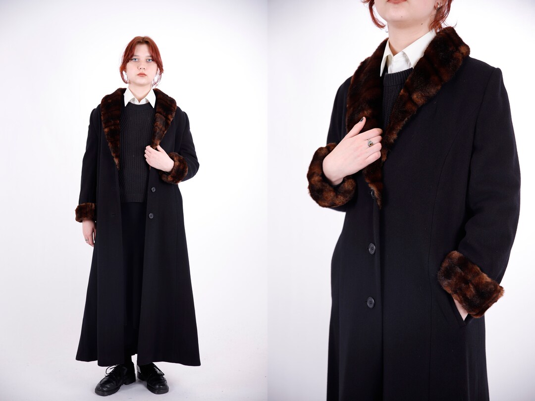 1970s Vintage Black Wool Greatcoat Overcoat Winter Fluffy Collar Autumn ...