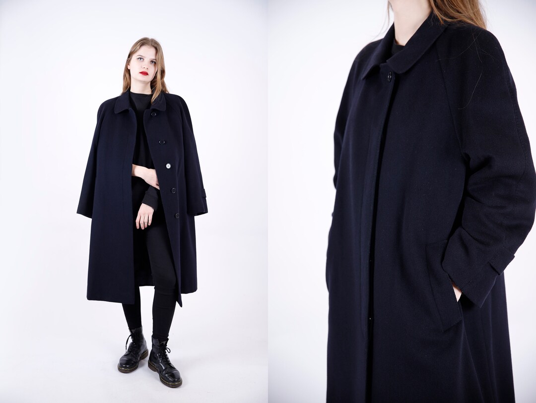 1960s Vintage Black Dark Marine Blue Winter Coat Wool Trench Overcoat ...