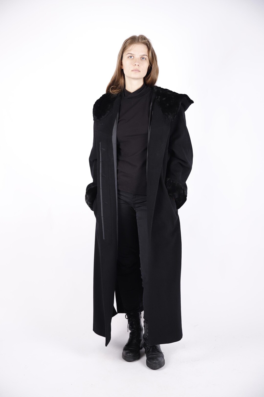 1970s Vintage Black Wool Greatcoat: Fluffy Collar Hooded Overcoat - Etsy