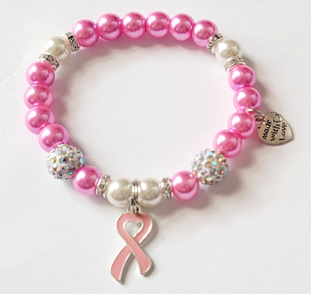 Breast Cancer Awareness Bracelet – Pink Ribbon Beaded Handmade Stretch ...