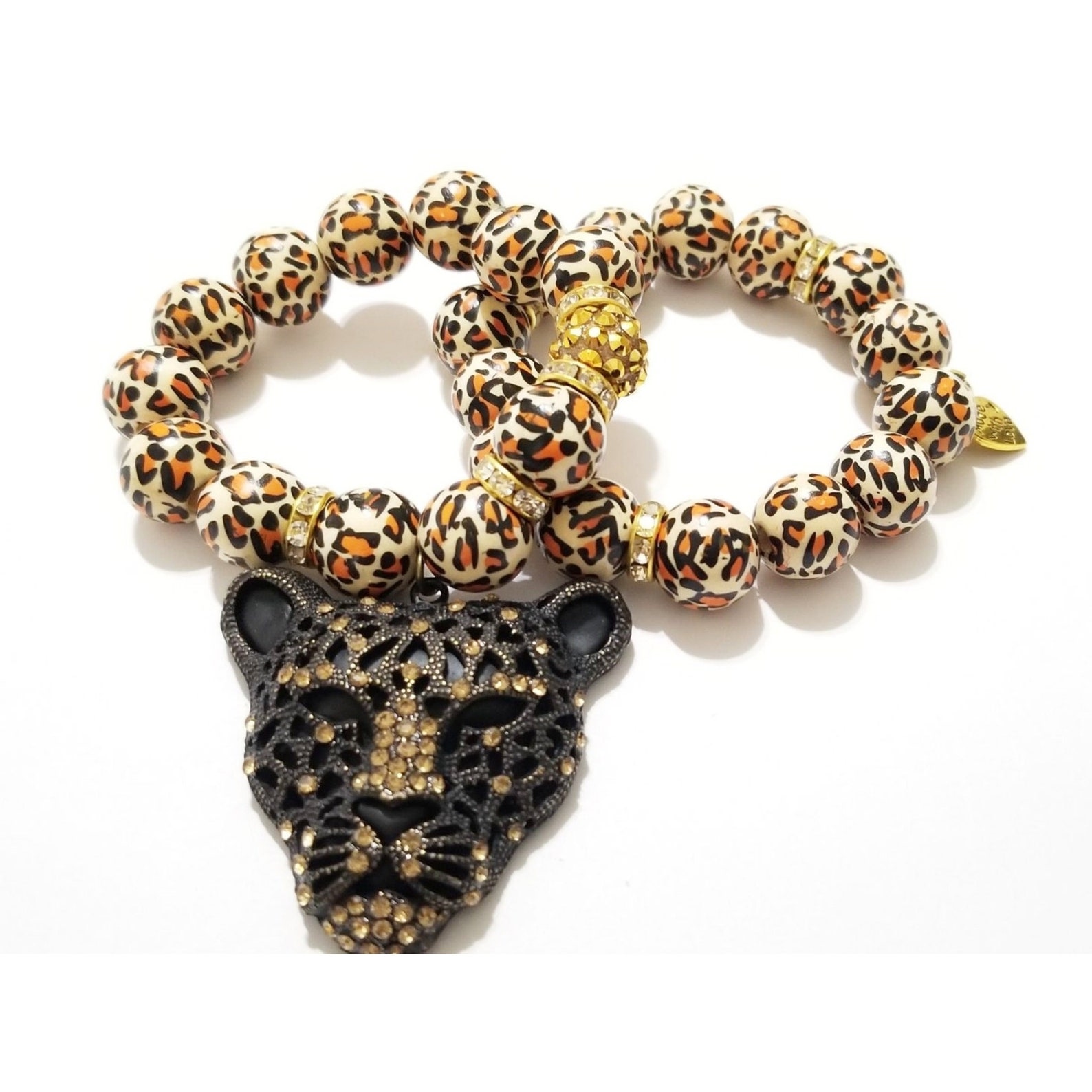 Leopard/cheetah/wood/beaded Bracelet/chunky/stretchy/set Handmade ...