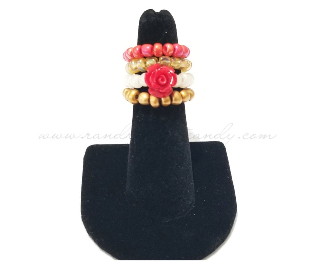 Beaded Stackable Ring Set, Rose Ring, Stretchy, OOAK, Custom Handmade ...