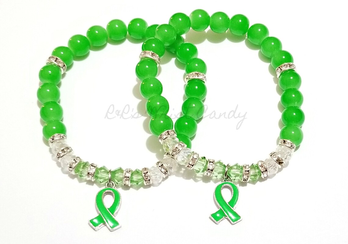 Green Ribbon Bracelet, Kidney Disease Awareness, Handmade Glass Beads ...