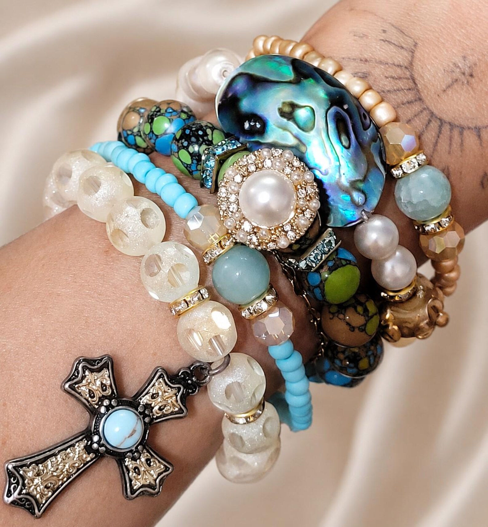 Boho Bracelet Stack Set, Layered Beaded Bracelets, Abalone Shell ...