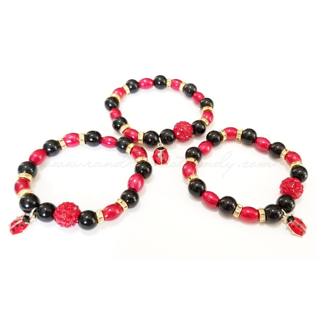 Ladybug Beaded Bracelet, Red and Black, Girls Bracelets, Party Favors ...