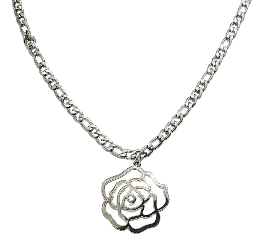 Rose Choker Necklace, Silver Chunky Chain Choker, Charm Pendant, Custom ...