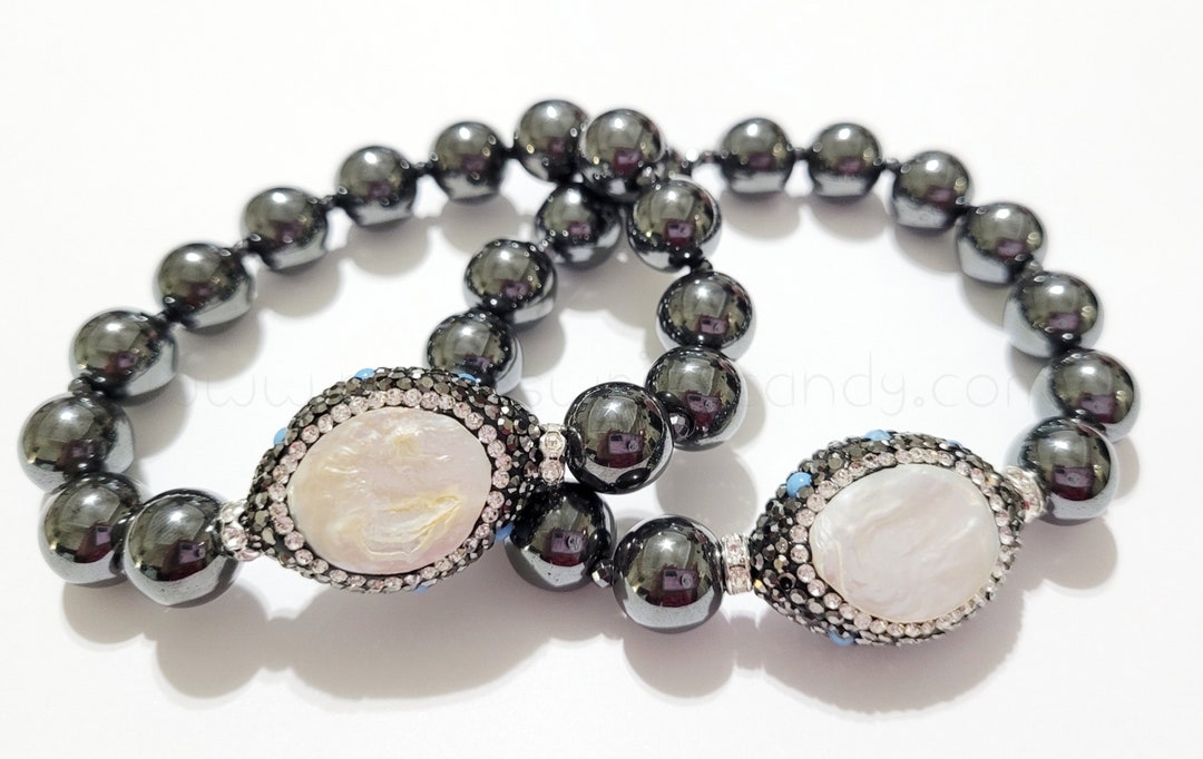 Hematite Bracelet/rhinestone Agate Druzy Pendant/stretchy/gemstone ...