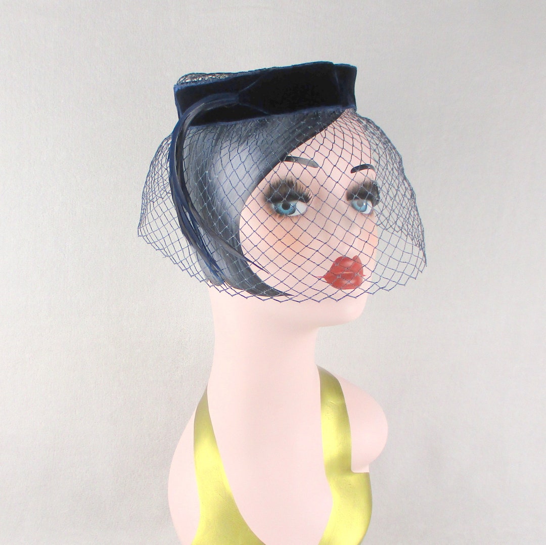 Birds Nest Hat With Veil Dark Blue Velvet and Feathers Wedding ...
