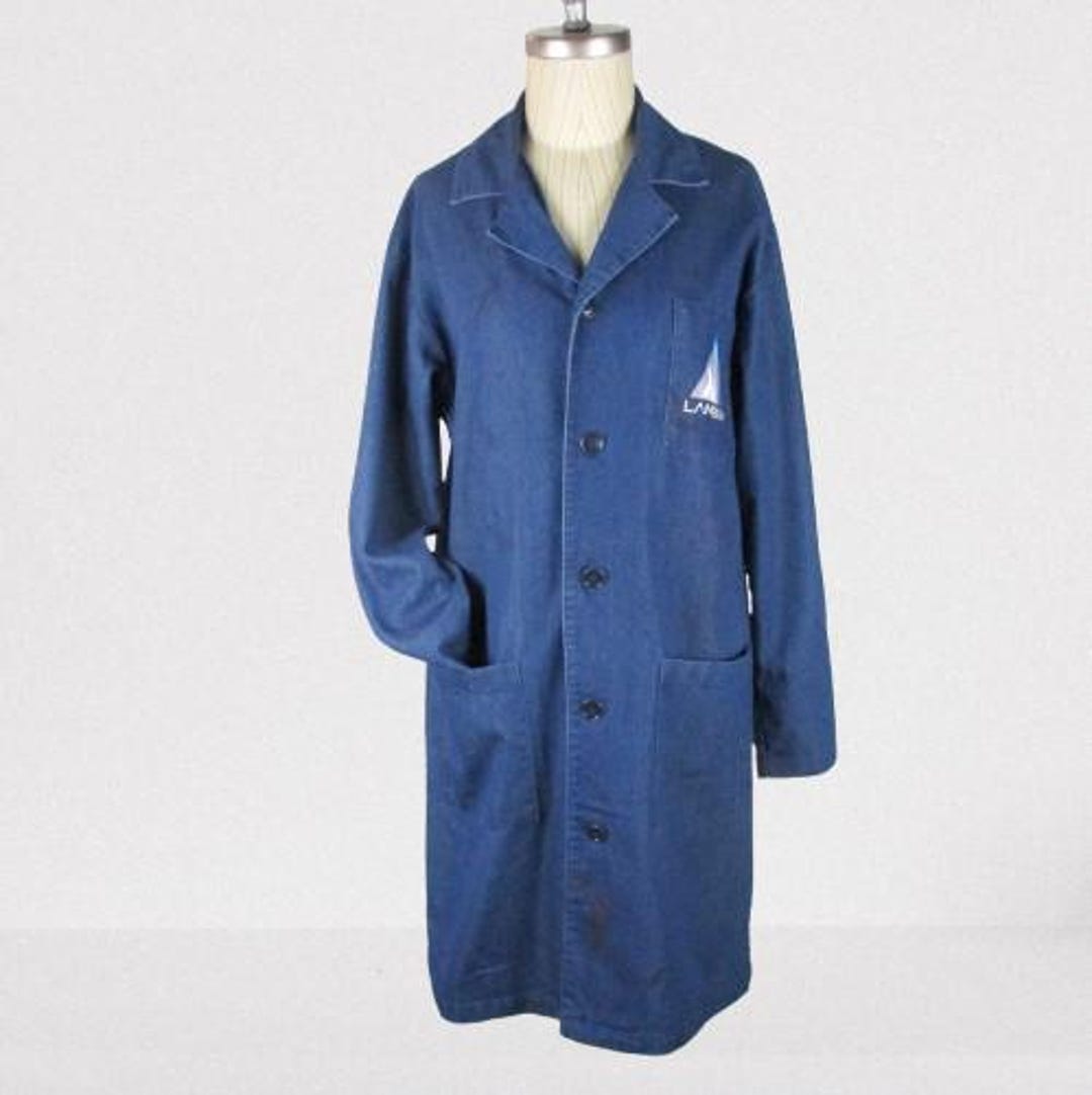 Vintage Denim Lab Coat Halloween Costume Mad Scientist Dark Blue Duster ...