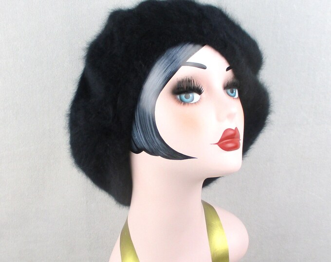 Black Angora Beret Hat Knit French Vintage 1970s Large Tam Slouch Boho ...