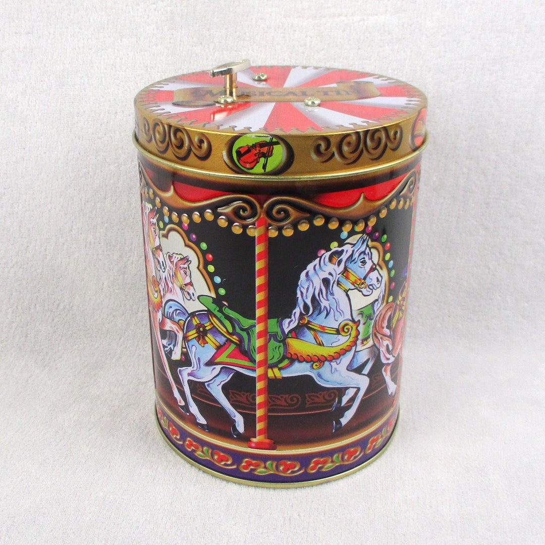 Carousel Horse Music Box Storage Tin Round Metal Litho Lithograph Merry ...