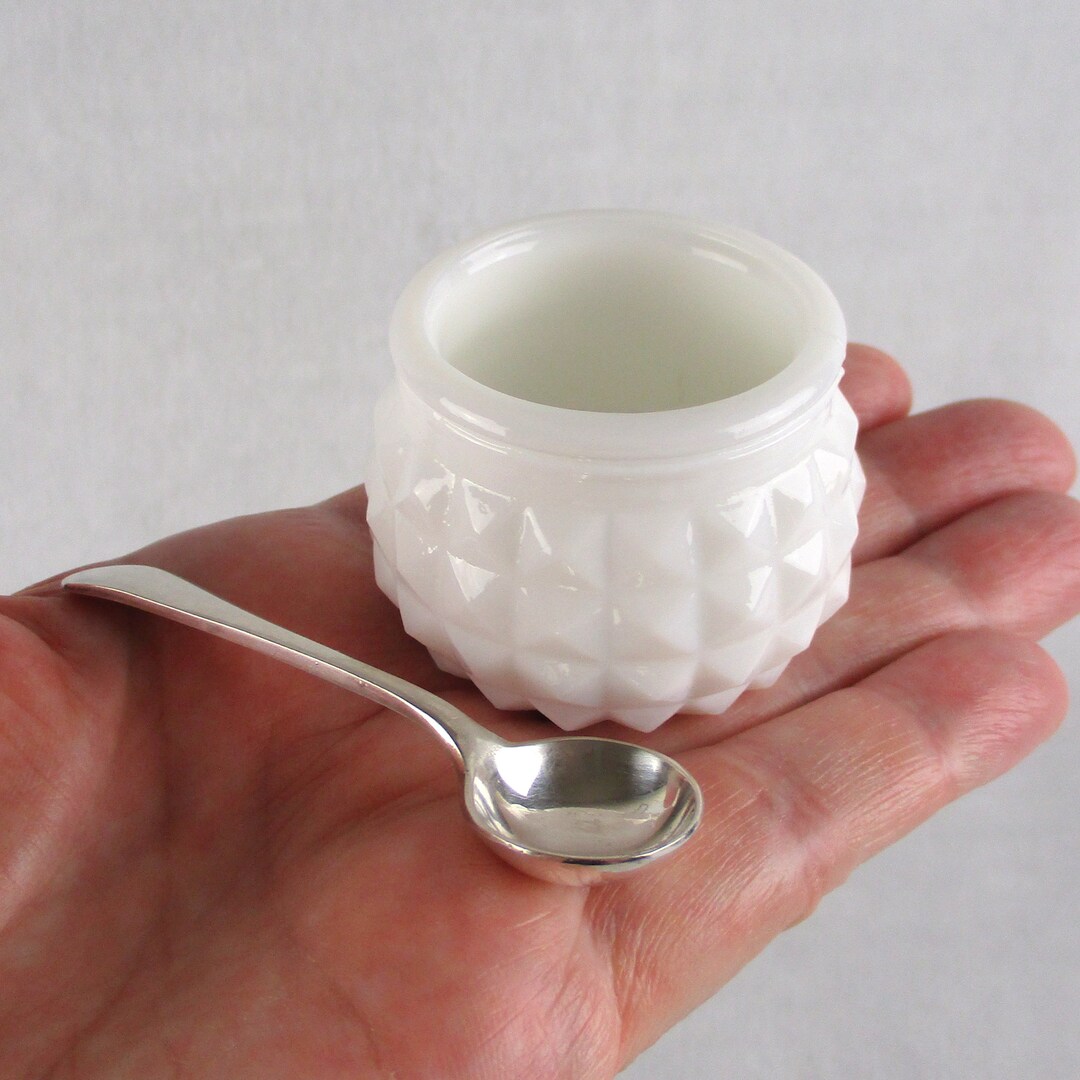 Milk Glass Salt Cellar Quilted Pointed Diamond Design Silver Plate ...