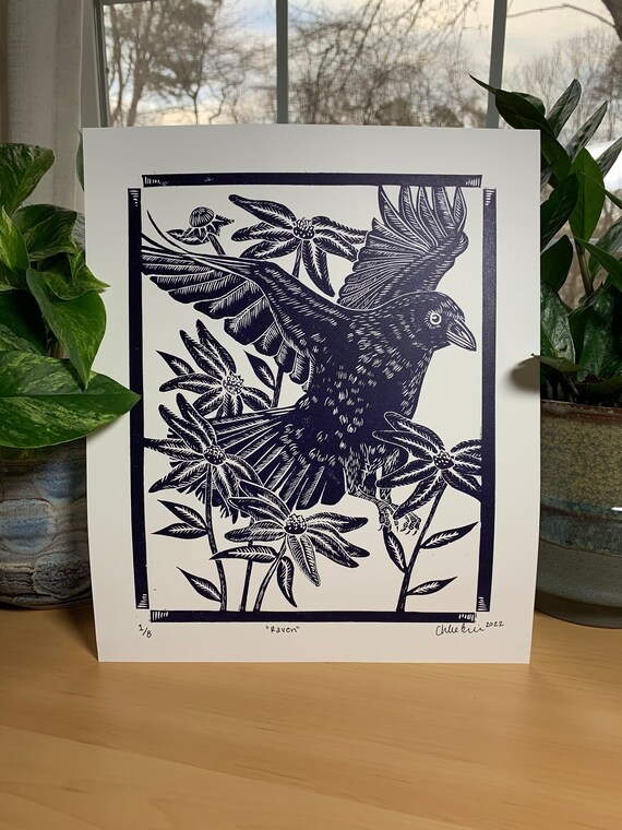 Raven Linocut | Etsy