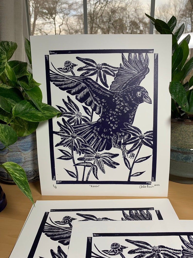 Raven Linocut - Etsy