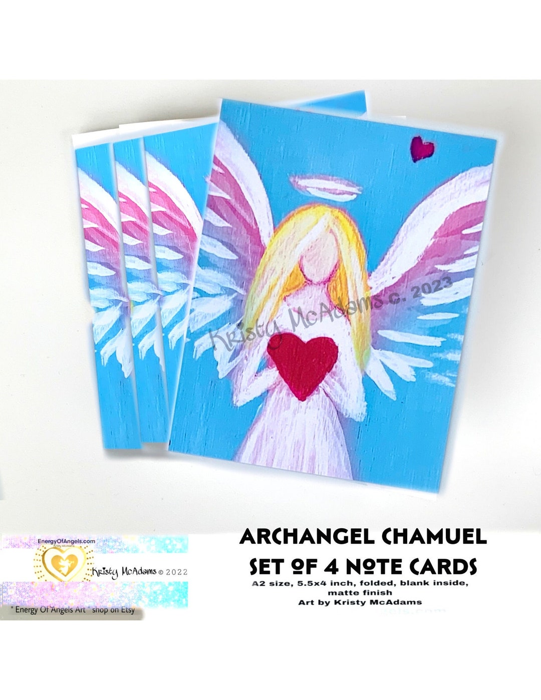 Angel Note Cards /archangel Chamuel / Blue Pink Angel Heart Wings Ombré ...
