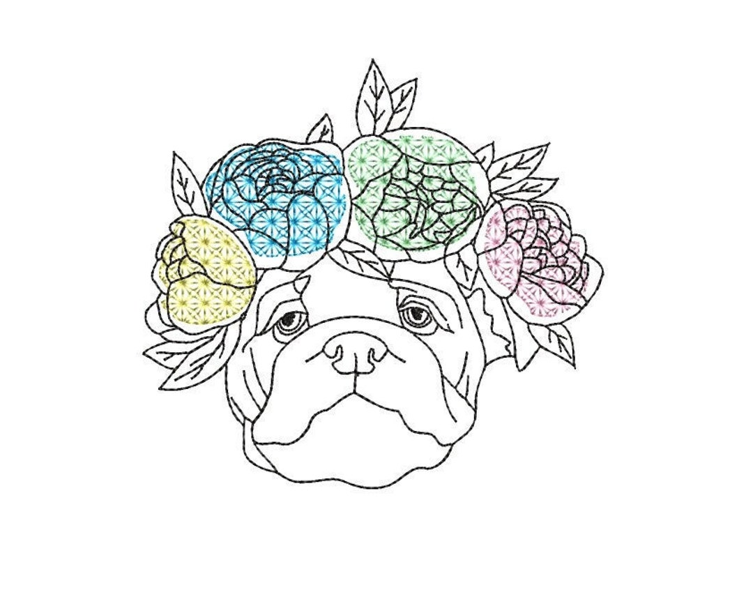 Flower Bulldog Machine Embroidery Design, 2 Sizes, Dog Embroidery ...