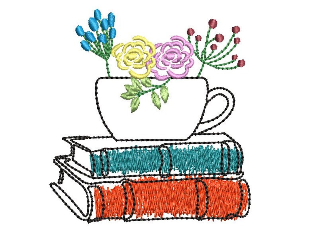 Tea Cup With Stack of Books Machine Embroidery Design, Book Embroidery ...