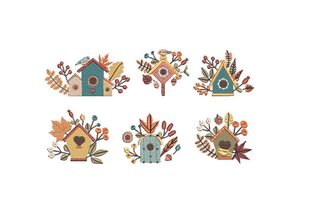 Autumn Birdhouse Embroidery Design, Set of 6, Fall Birdhouse Machine ...