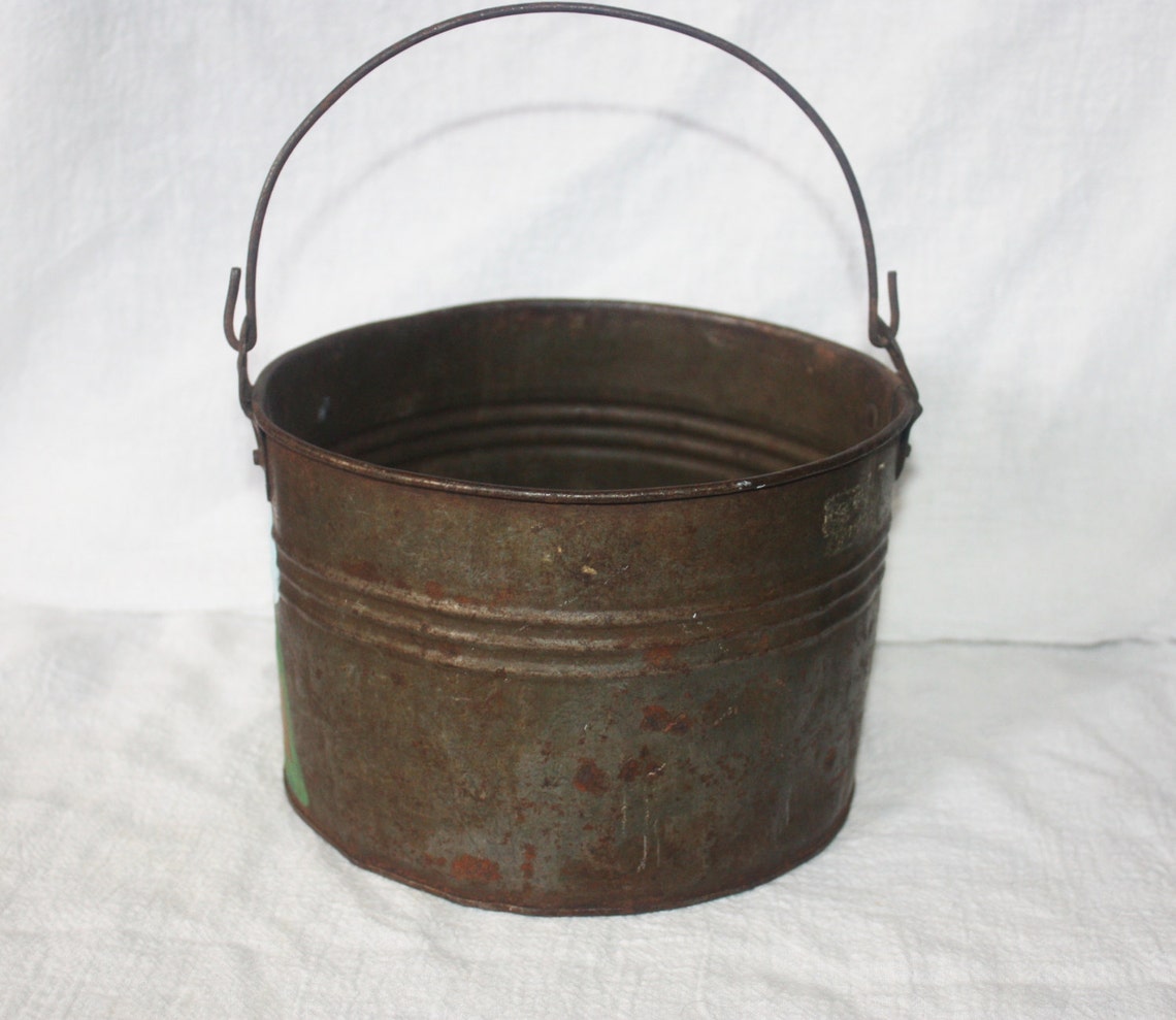 Vintage Metal Pail with Old Barn Folk Art Painting | Etsy