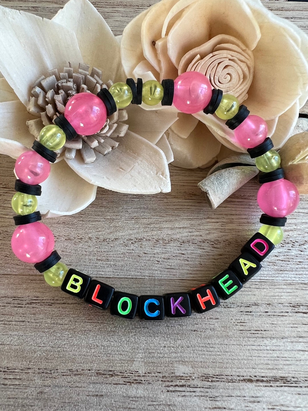 BLOCKHEAD Neon Block Letter Bracelet With GLOW in the Dark Beads. - Etsy
