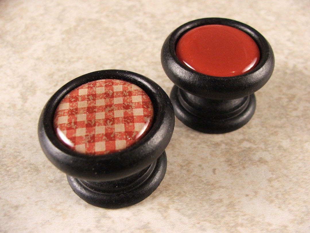 Handmade Gingham Check and Solid Country Red Decorative Cabinet Knobs...price is for 1 Knob ...