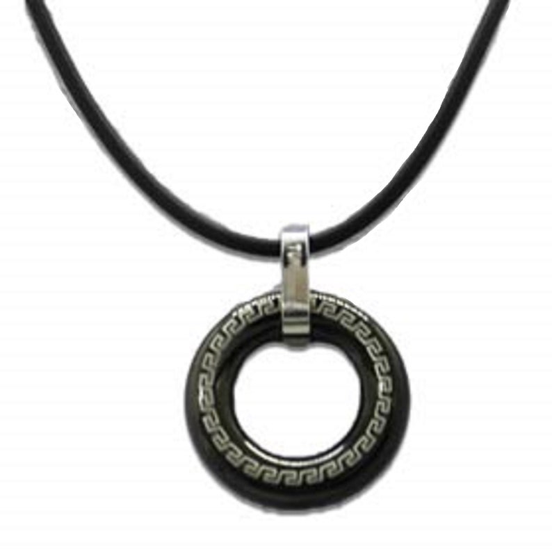 Stainless Steel Pendant - Greek Key Motif Ring (23mm) W/ 16" Rubber ...