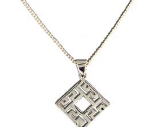 Square Ancient Greek Key Sterling Silver Pendant, W/ 16 Popcorn Chain ...