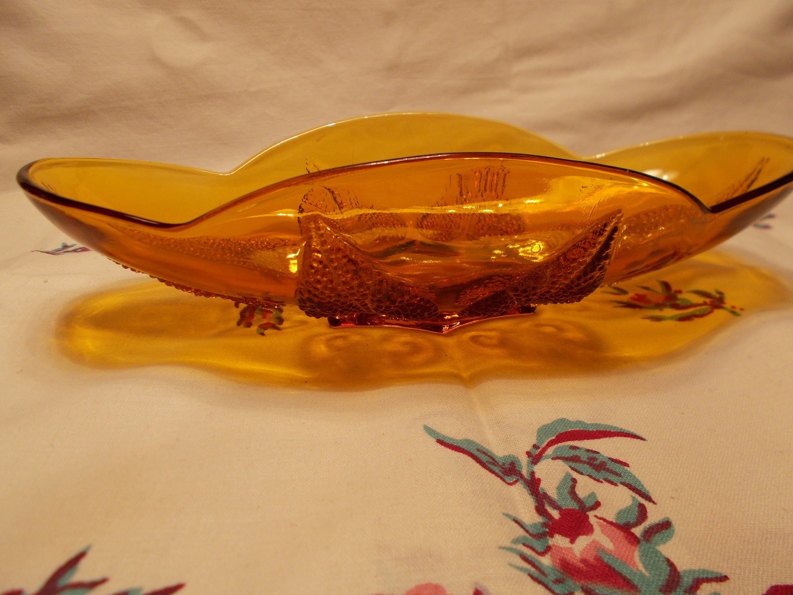 Vintage Amber Glass Serving Dish Canoe Shape With Heart Shaped Leaves On Hexagon Glass Pedestal