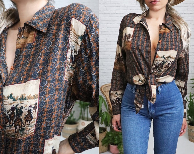1980s Horse Blouse | Size Medium | Braemar by Jeremy Scott | Rayon Fabric Bohemian Print Brown ...