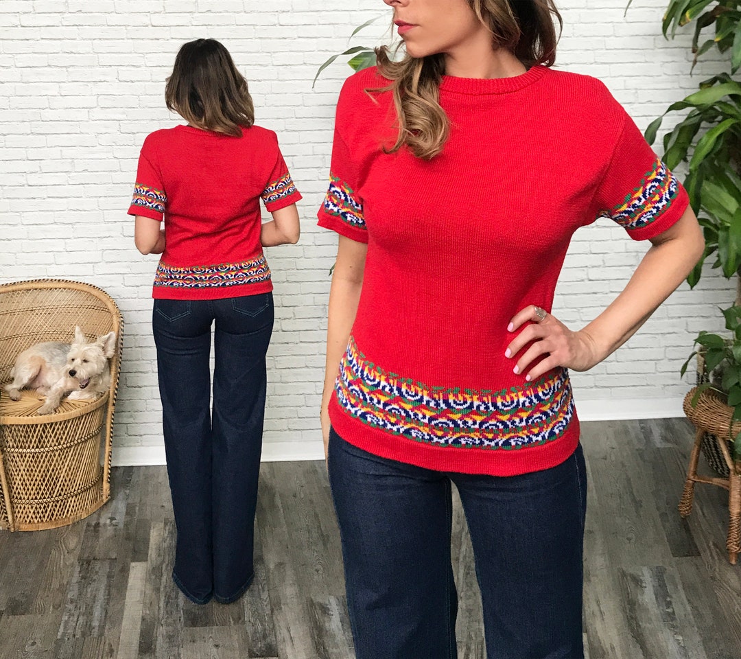 70s Short Sleeve Sweater Top | Medium Size | Vintage Red Knit Pullover ...