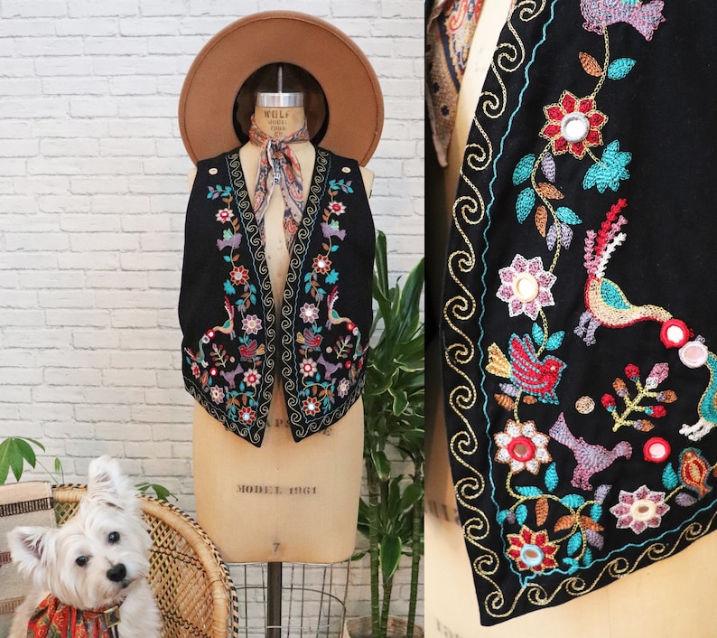 70s Mirror Work Vest | Small Size | Vintage Black Cotton Bohemian ...