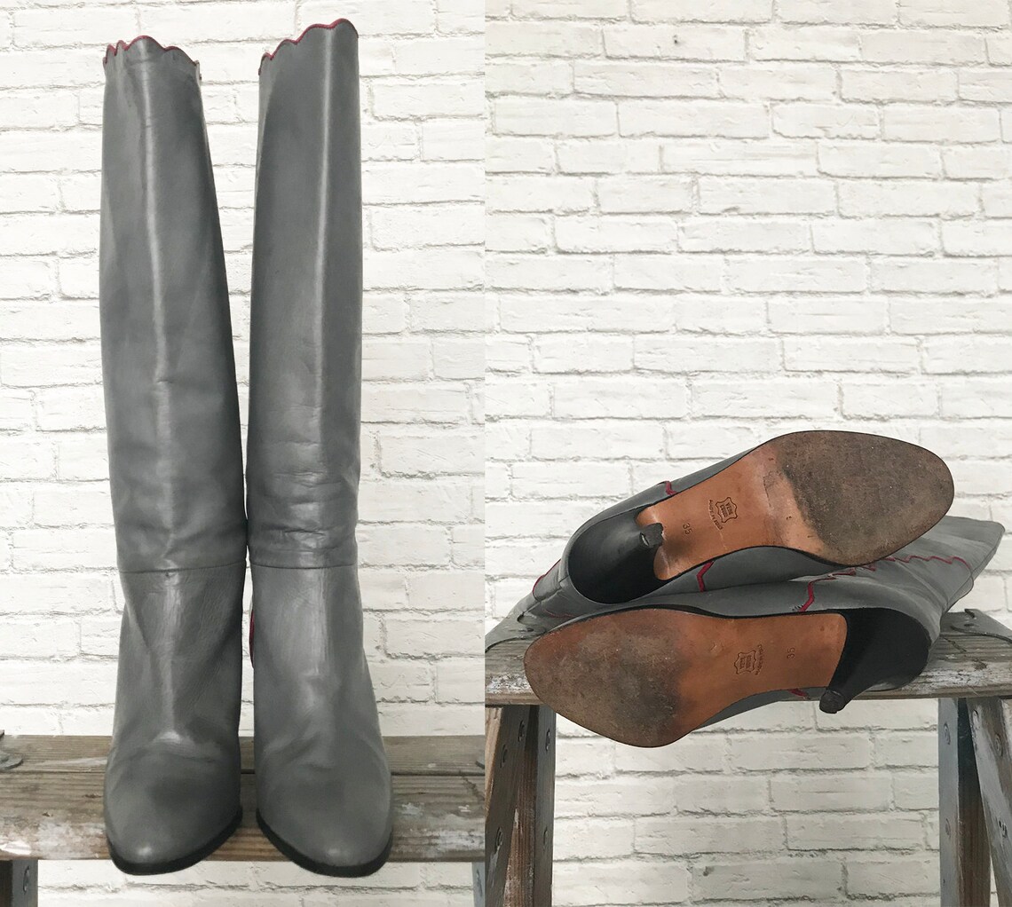 70's Gray Leather Boots Grey 70s Heeled Boots Size 4 | Etsy