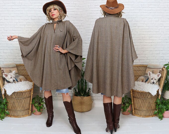 1970's Liz Moody Cape | Open Size Fit | Brown Plaid Tartan High Collar ...