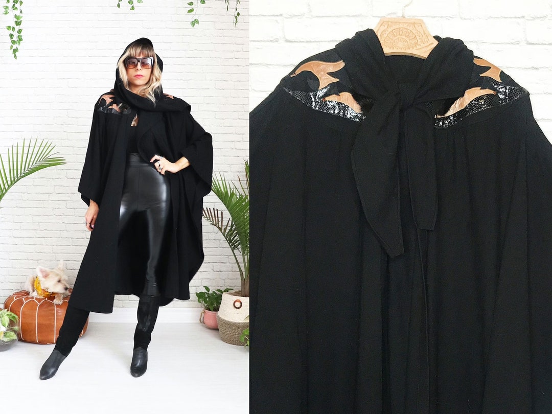 1980s Wool Cape Coat With Hood and Scarf || Black Wool Cloak || Leather ...