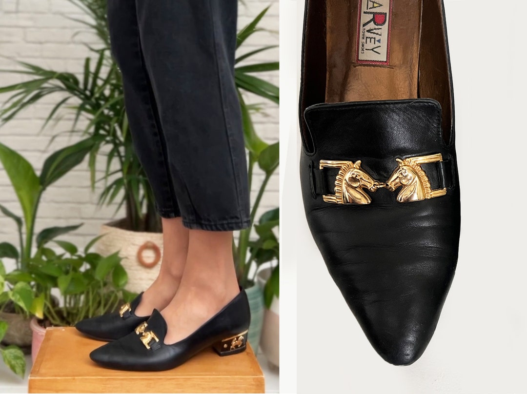 1980s Rare Horse Loafers | 8.5 Size | Black Leather Pointed Toe Lucky ...