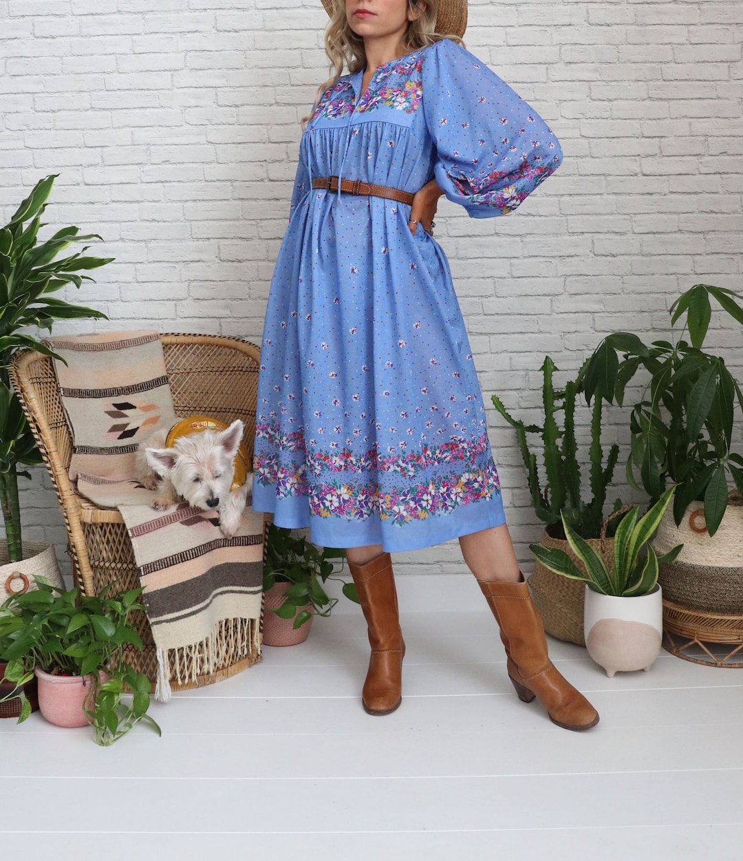 Robe paysanne fleurie à pois années 70 | Coupe ouverte | robe bohème ...