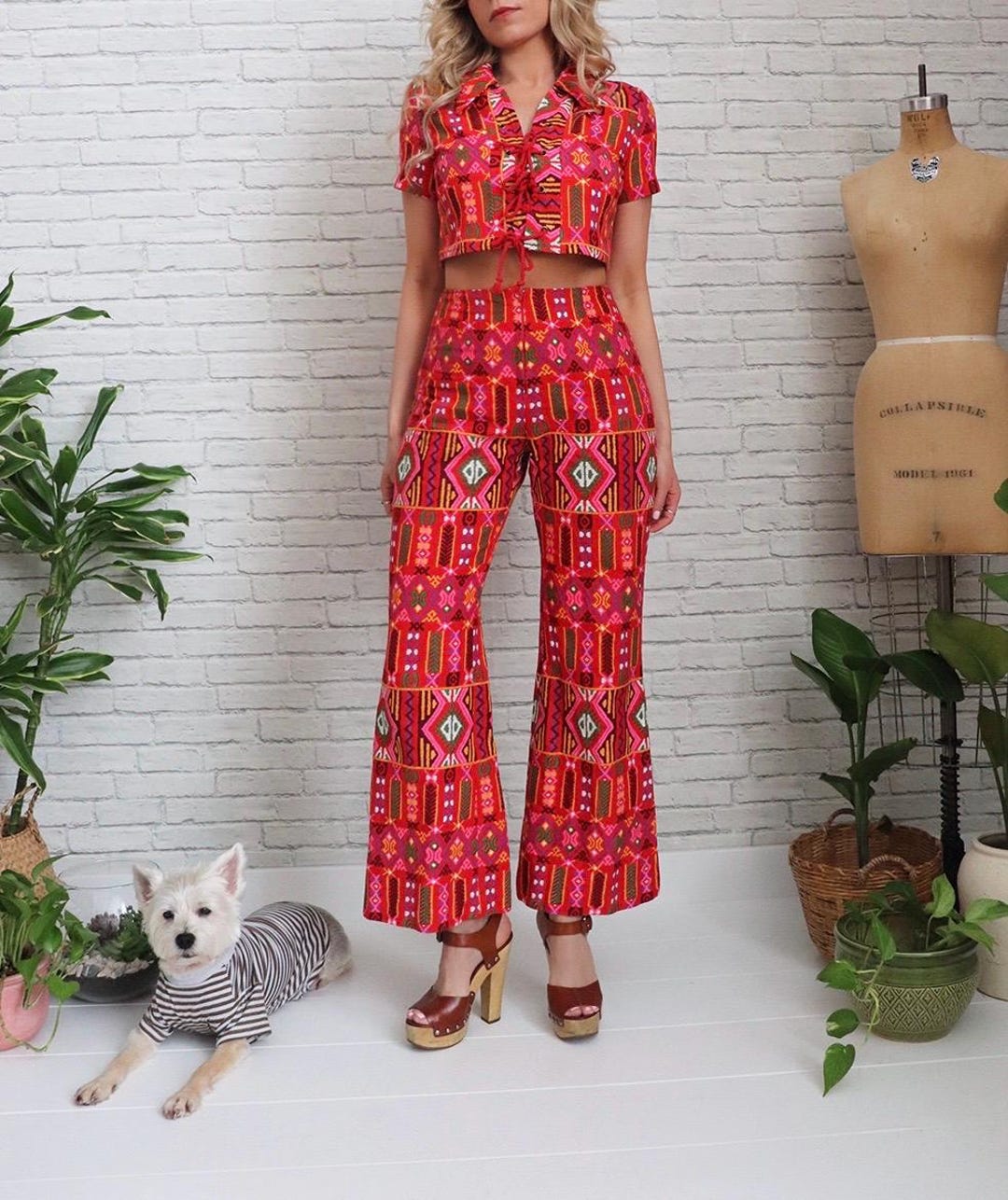 60s Kilim Print 2-piece Set | Small Size | Vintage Barkcloth Crop Top ...