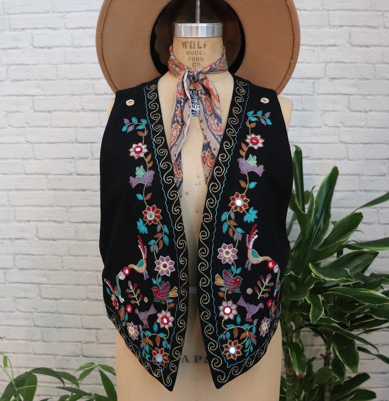 70s Mirror Work Vest | Small Size | Vintage Black Cotton Bohemian ...
