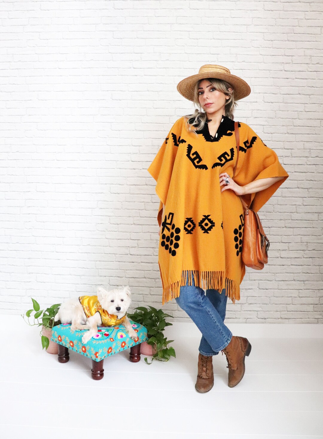 60s Southwestern Poncho | Open Size Fit | Vintage Ochre Yellow Black ...