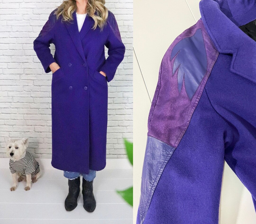 1980's Purple Wool Coat Small Size Suede and Leather Shoulders Vintage ...
