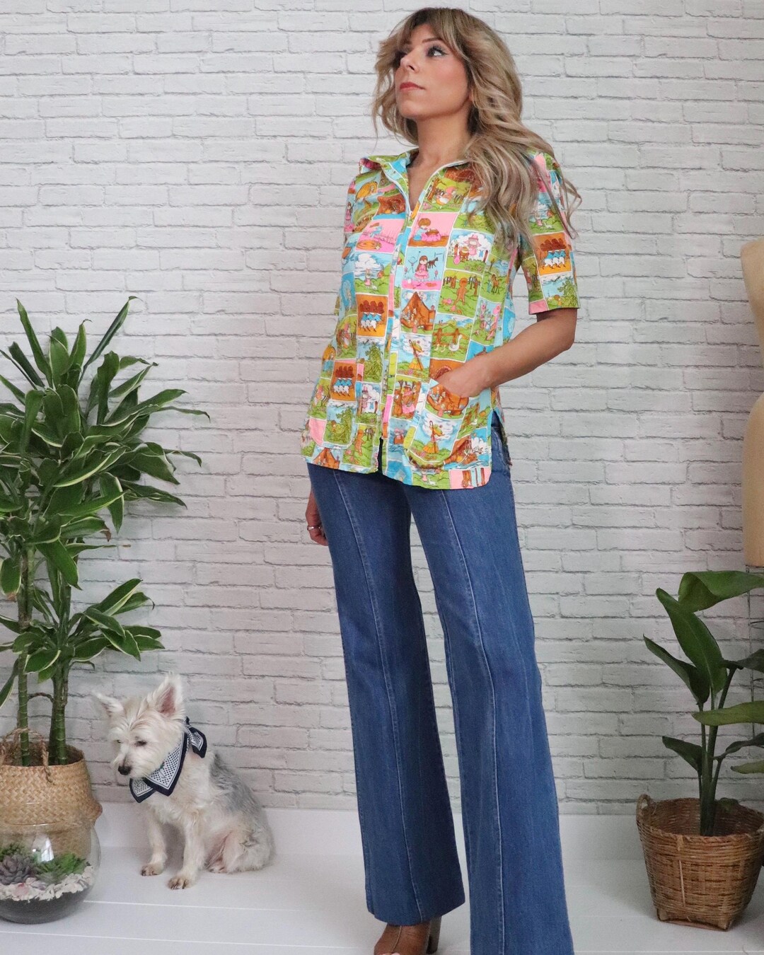 60s Barkcloth Nursery Rhyme Top | Small | Vintage Zip-up Illustrated ...